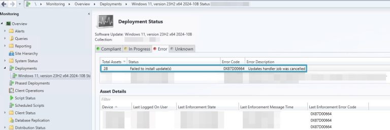 Error 0X87D00664 in SCCM: "Updates handler job was cancelled ...